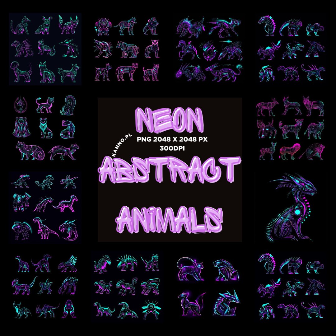 Cyber Neon Animals Clipart Set – 13 Pngs, 2048x2048, 300 DPI, Neon Pets ...