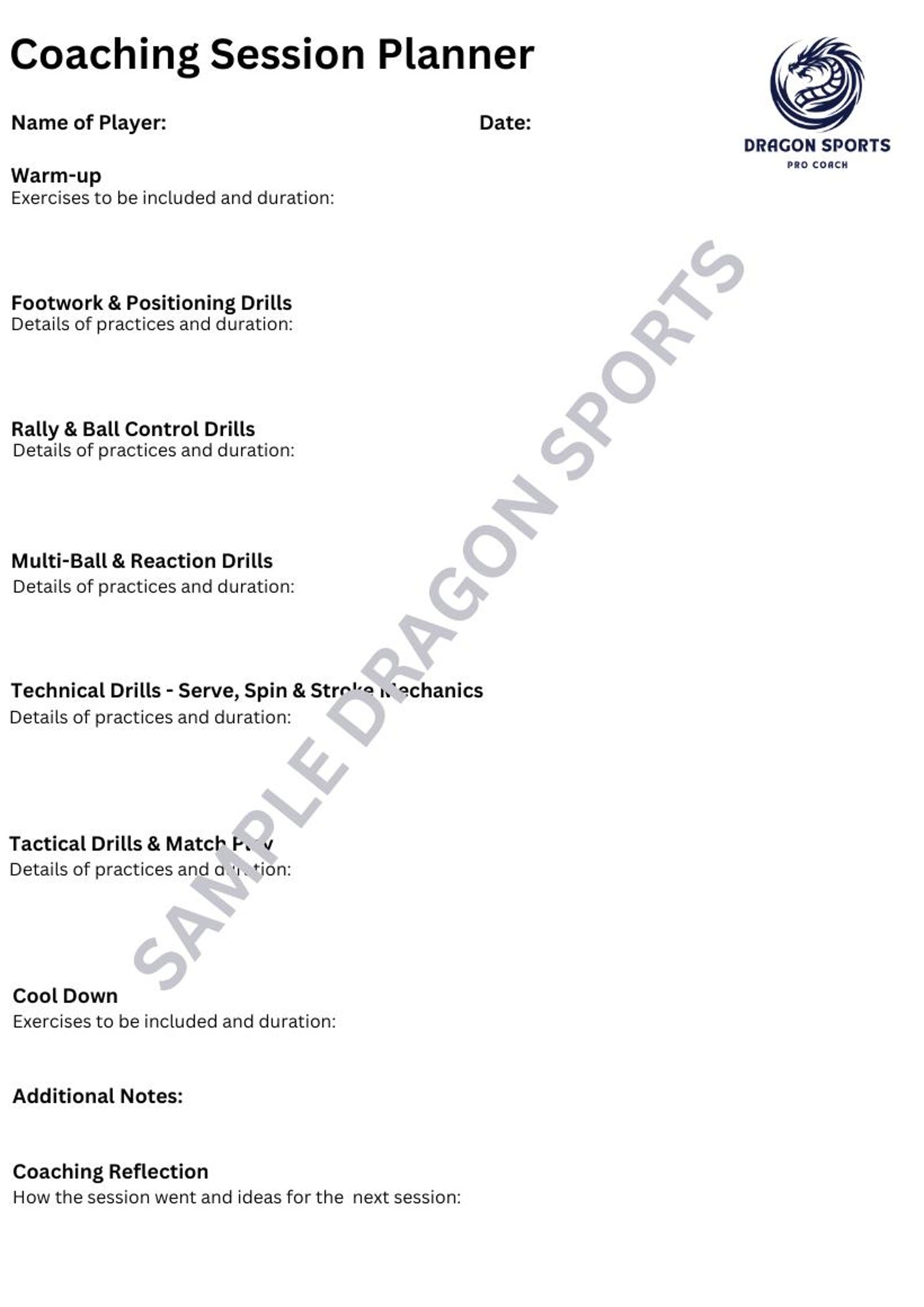 Table Tennis Coaching Template. Session Planner for Table Tennis ...
