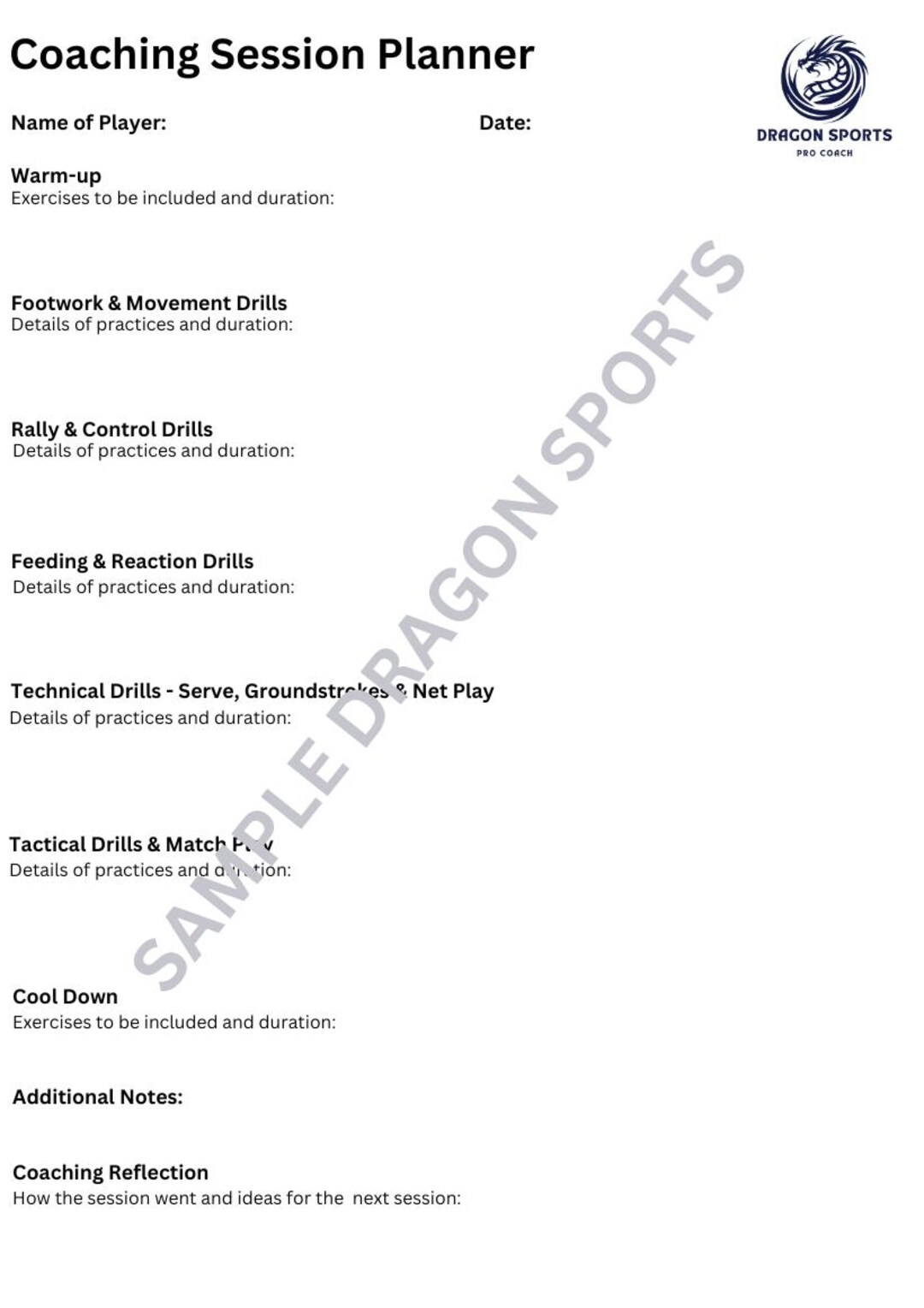 Tennis Coaching Template. Session Planner for Tennis Coaches. PDF ...