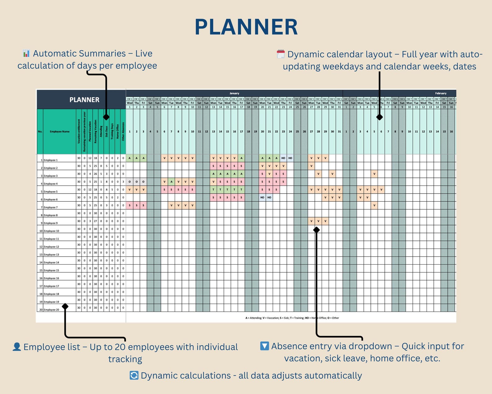 Excel Holiday Planner & Absence Overview – Annual Calendar, Automatic ...