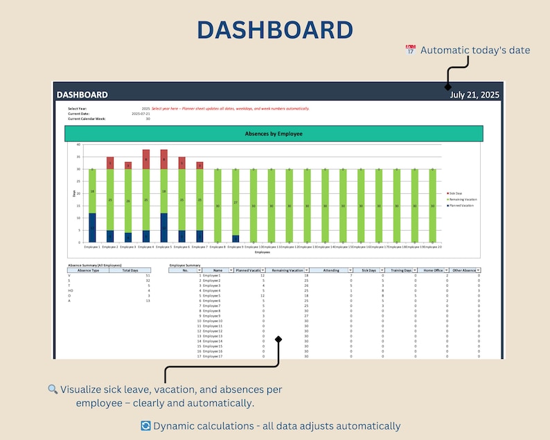 Excel Holiday Planner & Absence Overview – Annual Calendar, Automatic ...