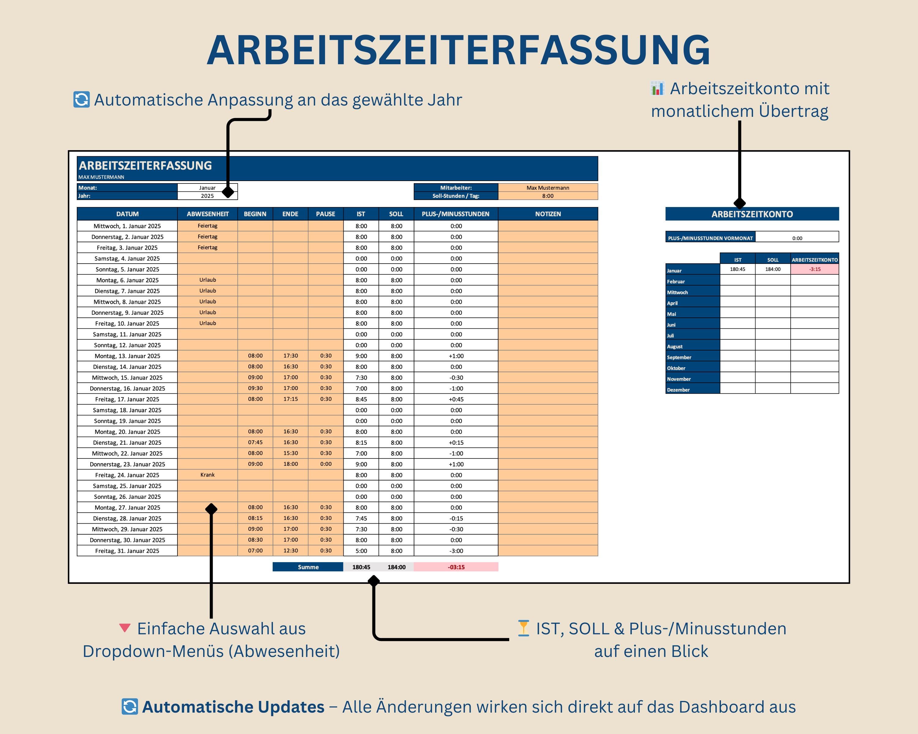 Excel Working Time Recording Template - Digital Time Recording for ...