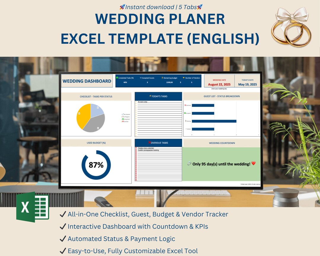 Wedding Planner Excel Template | Digital Budget Tracker, Checklist ...