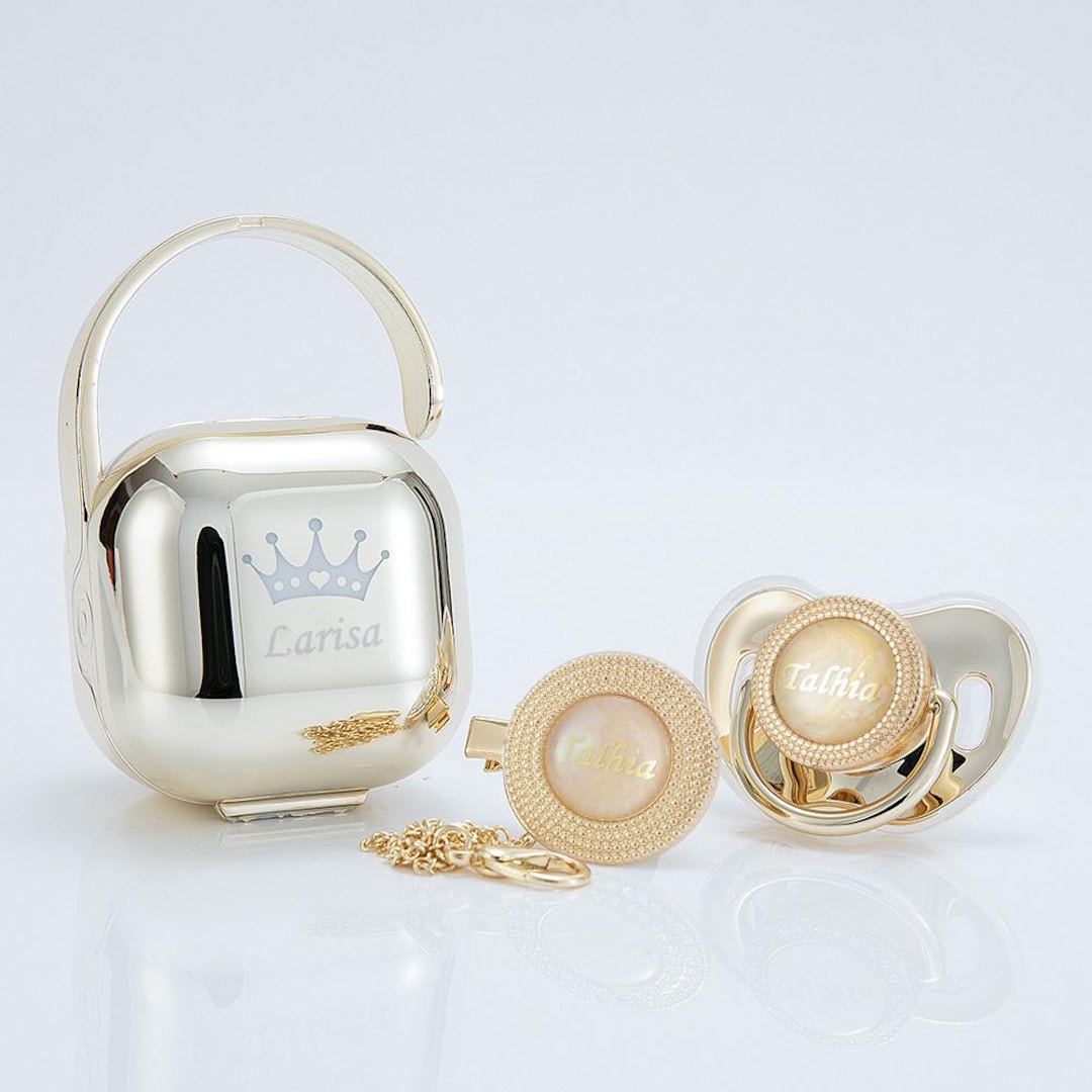 Luxury Personalized Bling Gold Pacifier Set With Clip and Holder ...