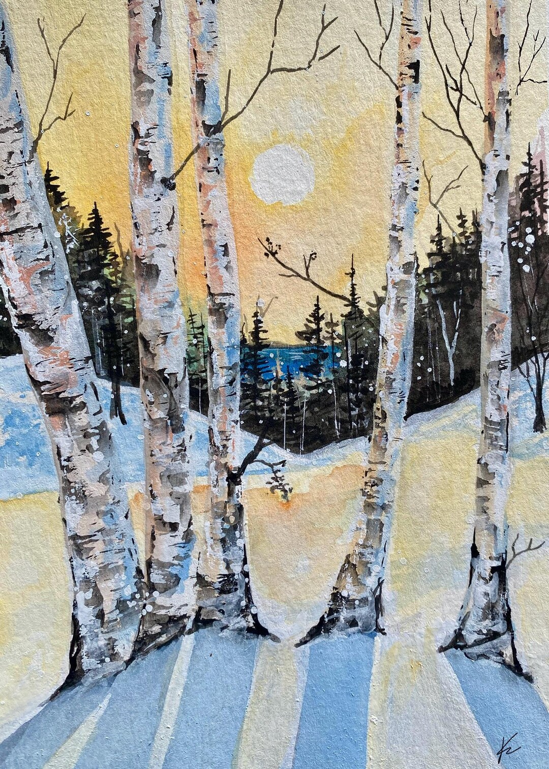 Winter Birch Tree Watercolor Painting: Maine Sunset Landscape Art - Etsy