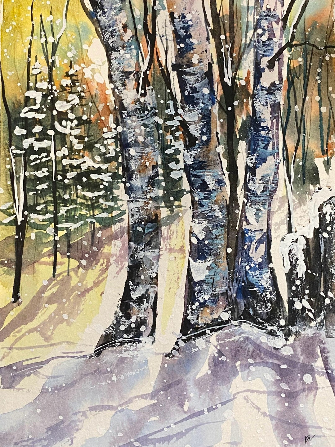 Dusk Winter Birch Trees Original Watercolor Painting, Snowy Landscape ...