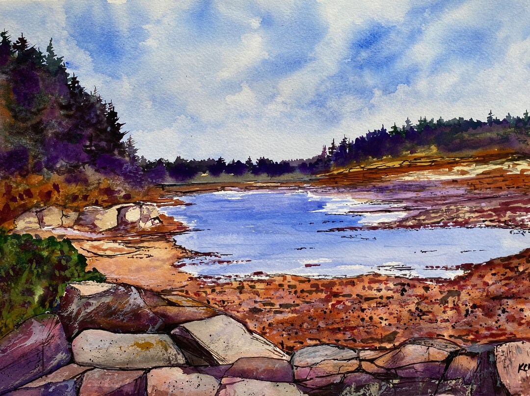 Schoodic Point Acadia Maine Watercolor Painting: Rocky Coastline Art - Etsy