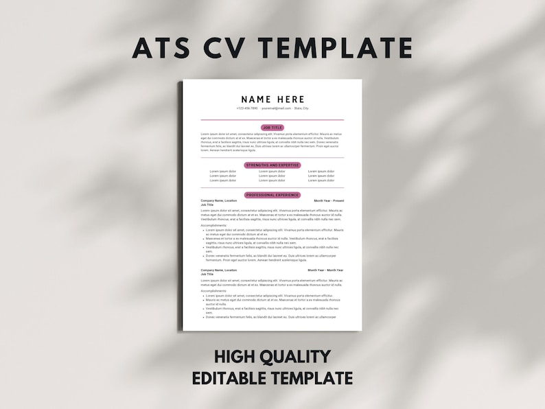 Editable Professional ATS Cv Template - Digital Resume PDF, Job Resume ...