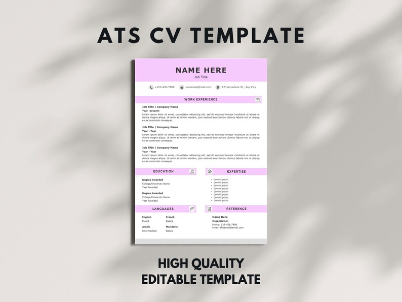Fully Editable ATS CV Template -printable PDF Resume,digital Download ...