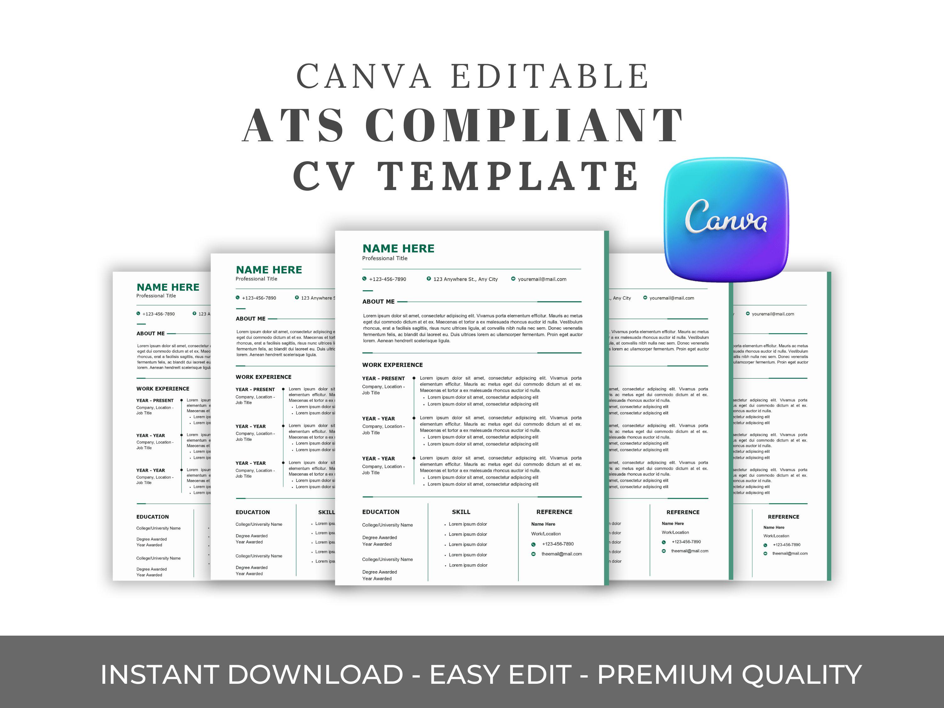 Minimal ATS Standard CV Template - Editable Printable Digital Resume ...