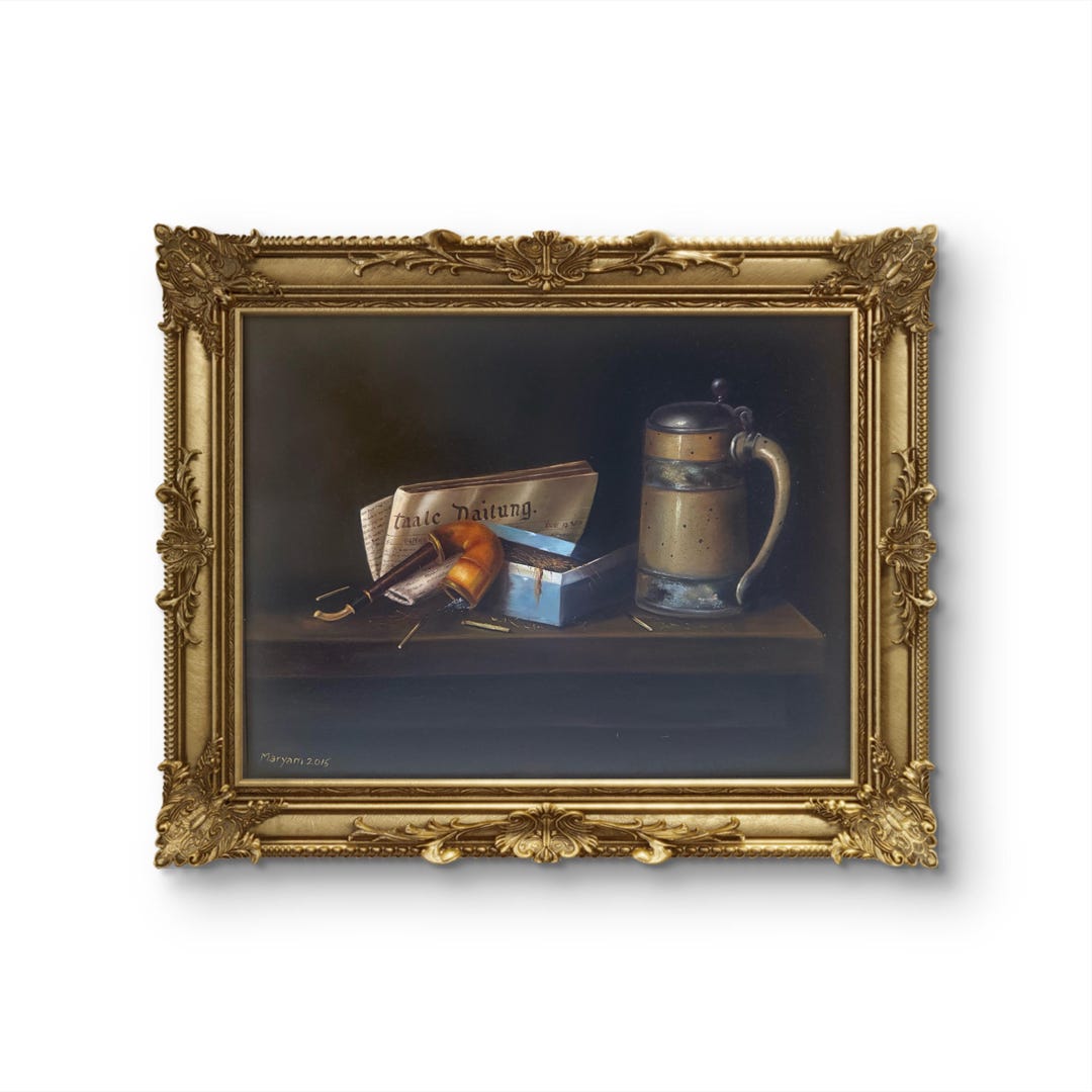 Original Still Life Oil Painting: Pipe, Tobacco, Newspaper With Golden ...