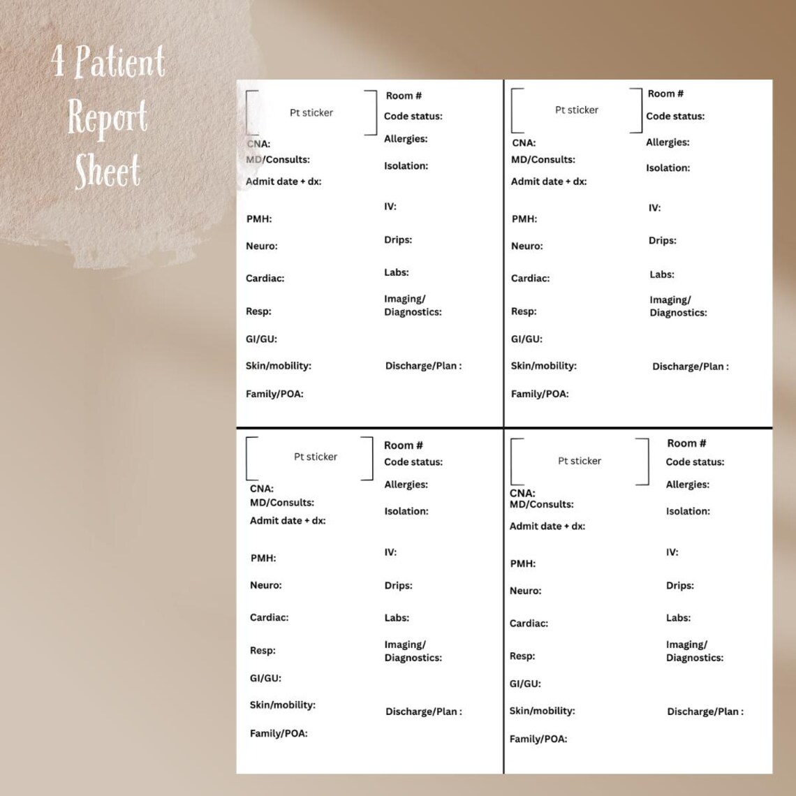 Printable 4 Patient Nurse Handoff Sheet | SBAR Report Sheet for Nurses ...