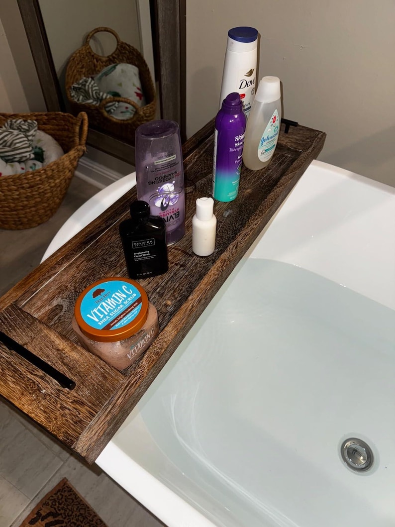 Distressed Brown Wood Bathtub Caddy: Rustic Bathroom Tray With Handles ...
