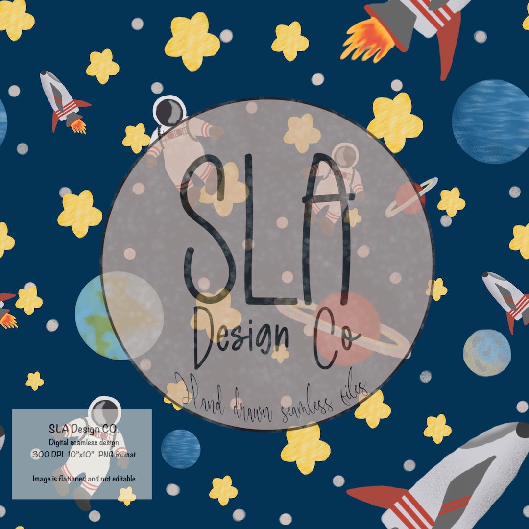 Space Themed Seamless Design, Stars, Planets, Space Men and Rocket Ship ...