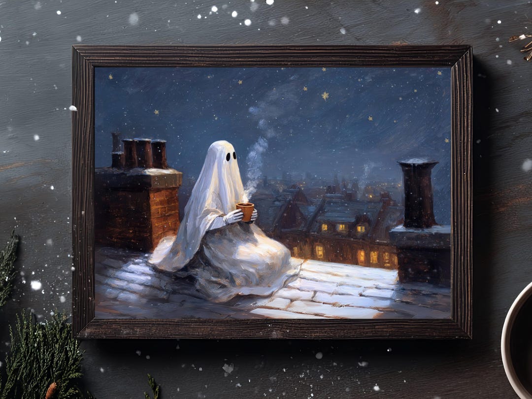 Ghost in Winter Rooftop Wall Art Print, Vintage Halloween Painting ...