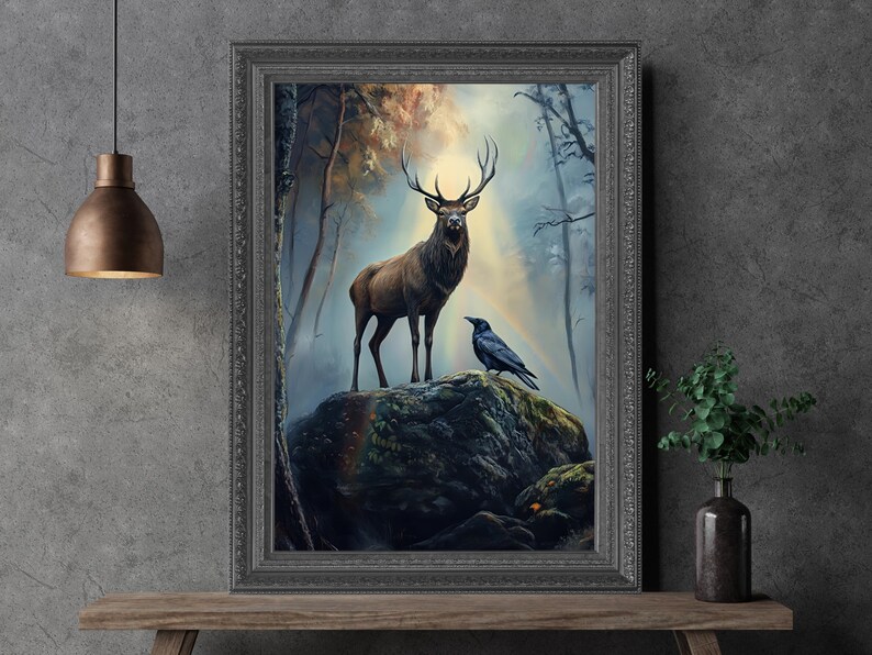 Deer and Raven Painting, Moody Wildlife Print, Rustic Landscape Wall ...