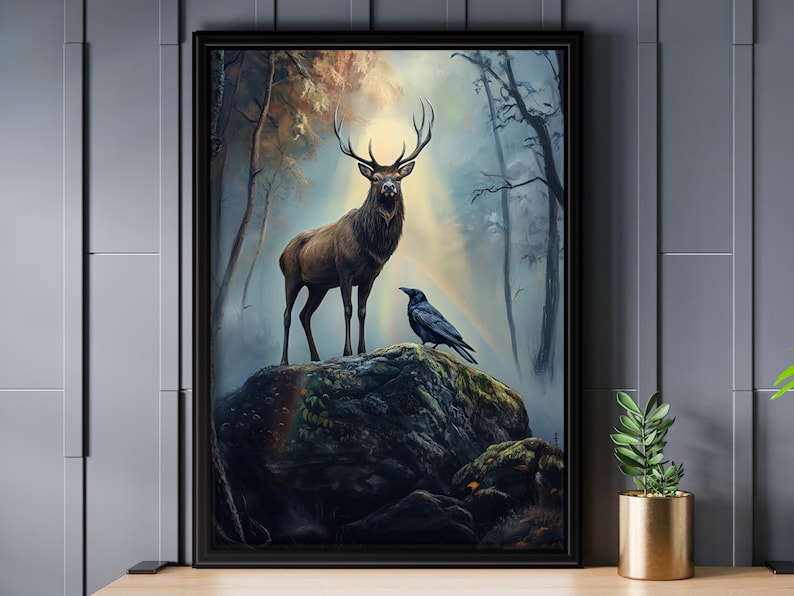 Deer and Raven Painting, Moody Wildlife Print, Rustic Landscape Wall ...