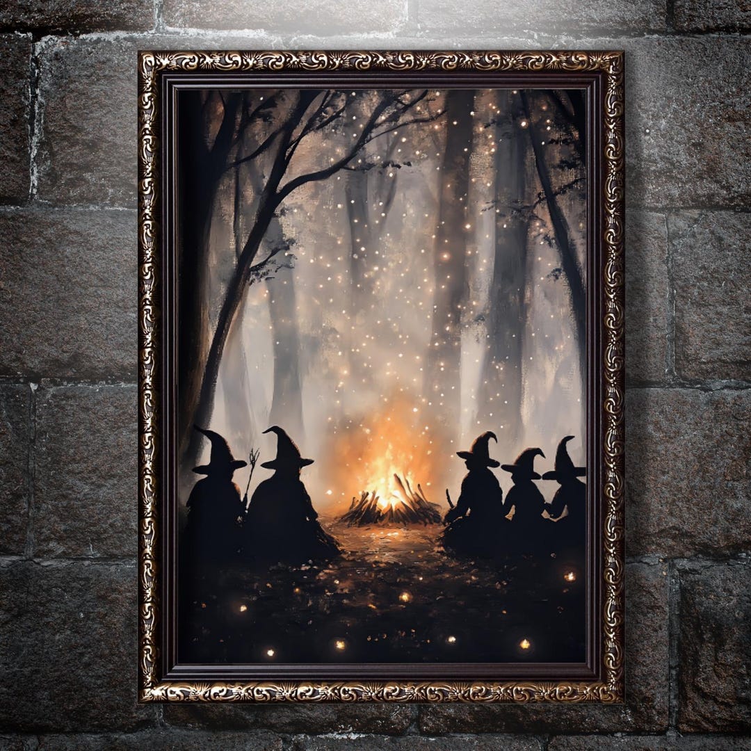 Magical Witch Oil Painting, Witchy Bonfire Wall Art Print, Mystical ...