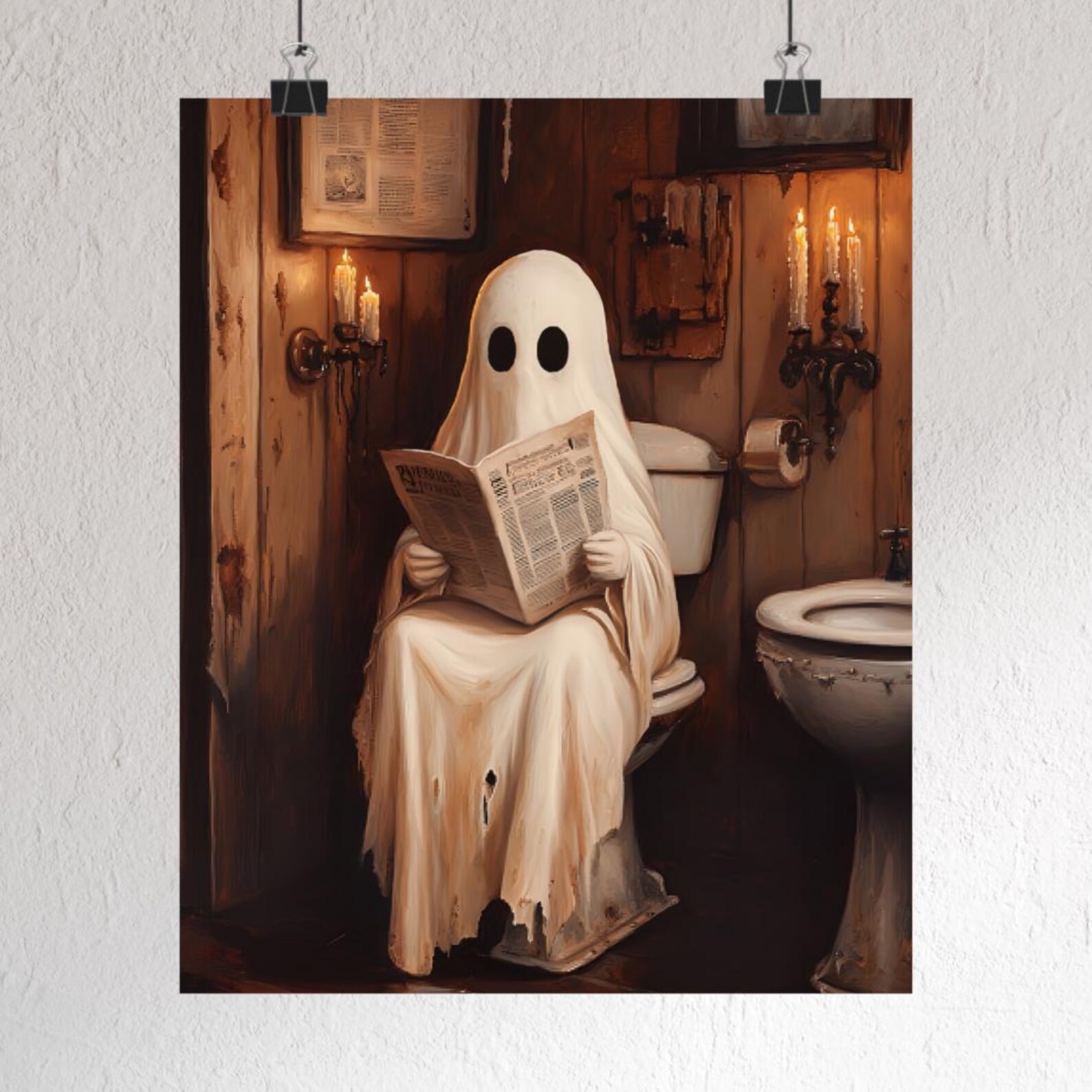 Ghost Reading on Toilet Wall Art Print, Funny Halloween Painting ...