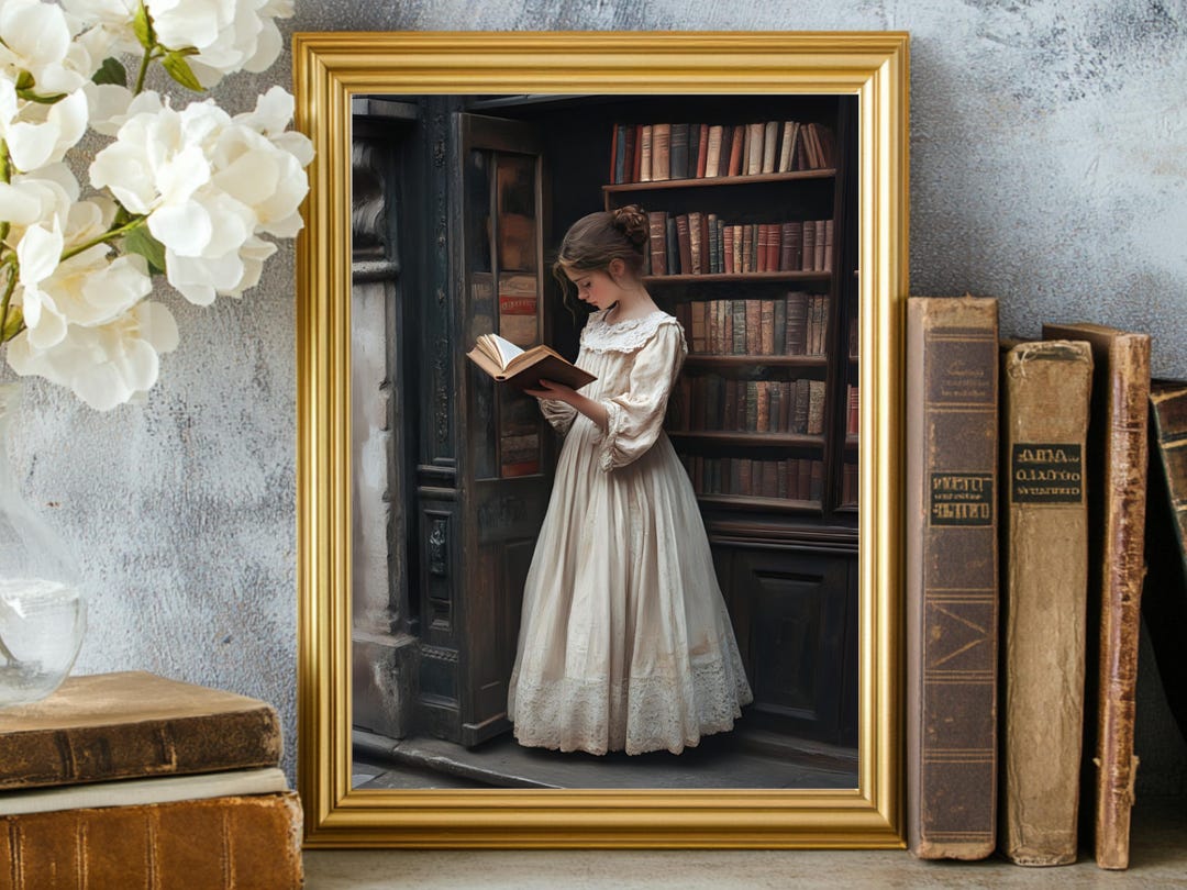 Victorian Girl Reading by Bookstore Painting, Vintage Dark Academia ...