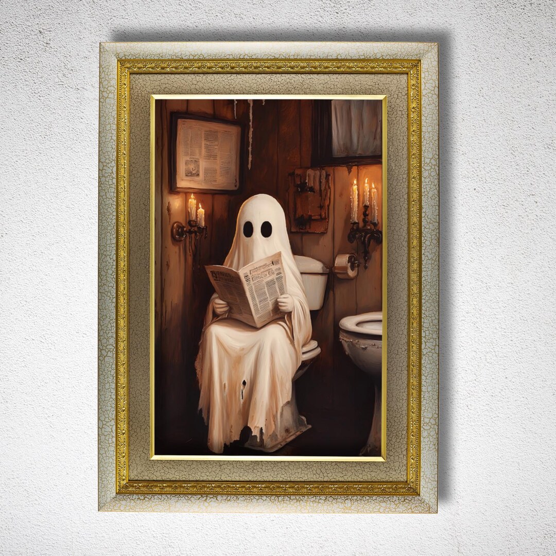 Ghost Reading on Toilet Wall Art Print, Funny Halloween Painting ...
