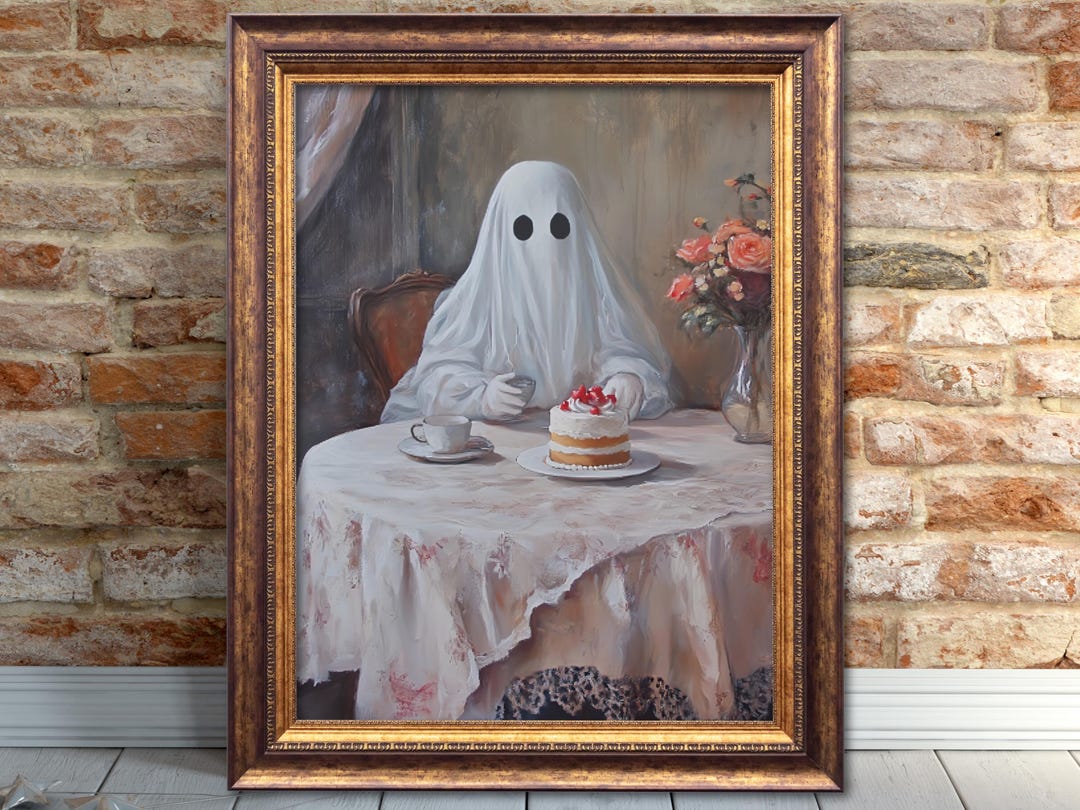 Ghost Drinking Coffee Wall Art Print, Vintage Victorian Painting, Ghost ...