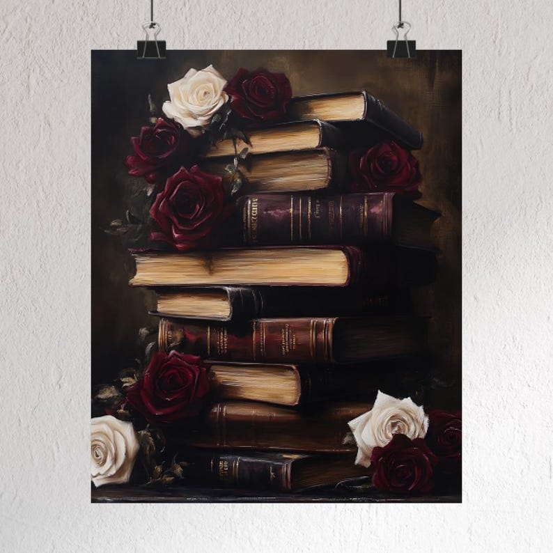 Dark Academia Books and Roses Wall Art, Moody Victorian Gothic Print ...