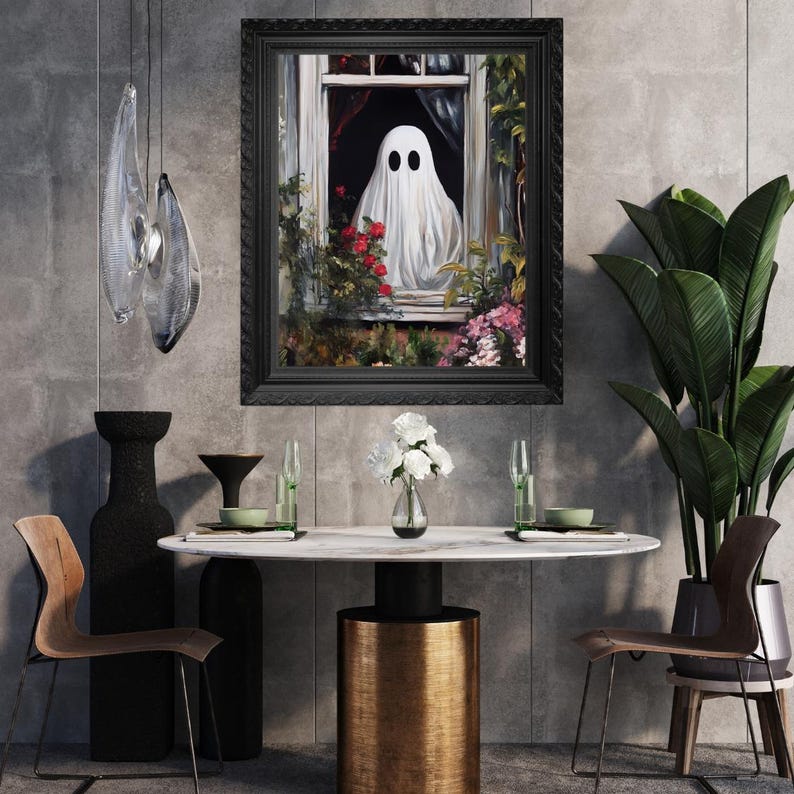 Cute Ghost Painting, Vintage Halloween Wall Art Print, Floral Spooky ...