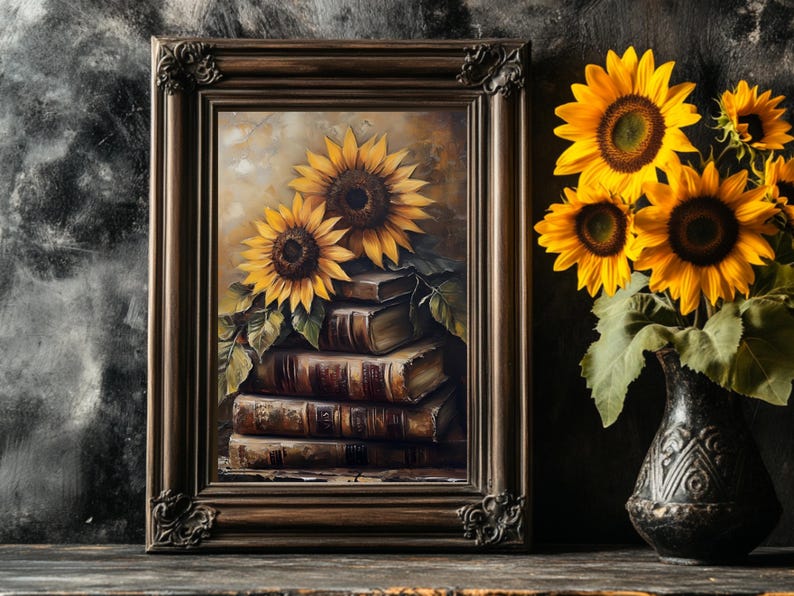 Vintage Books and Sunflowers Wall Art Print, Moody Floral Dark Academia ...