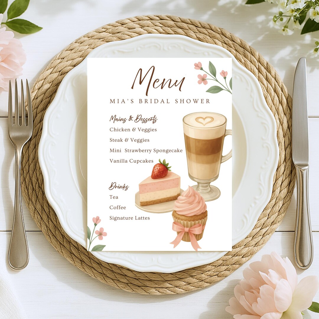 Bridal Shower Menu Cards, Personalized Coffee Theme Table Decor, Custom ...