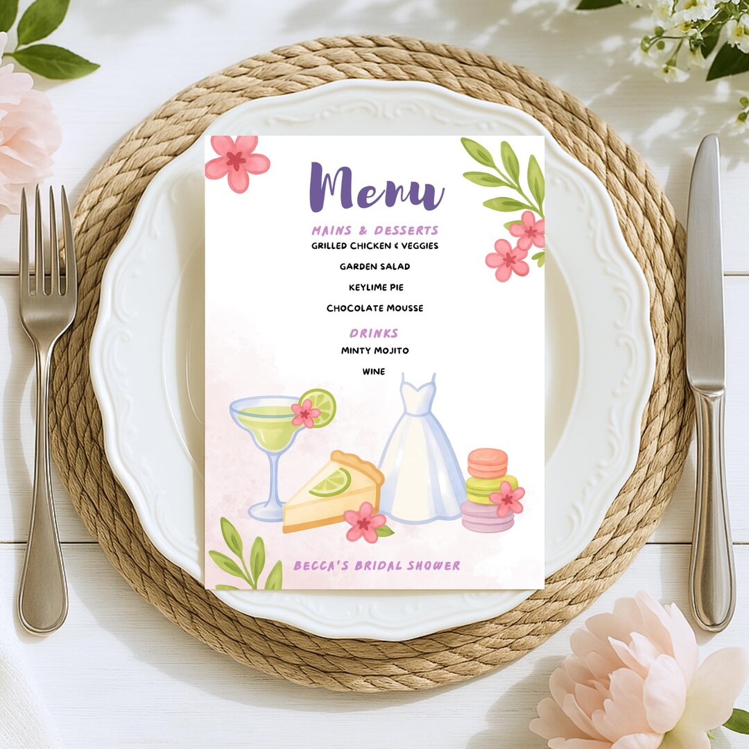 Bridal Shower Menu Cards, Watercolor Martini Design, Personalized ...