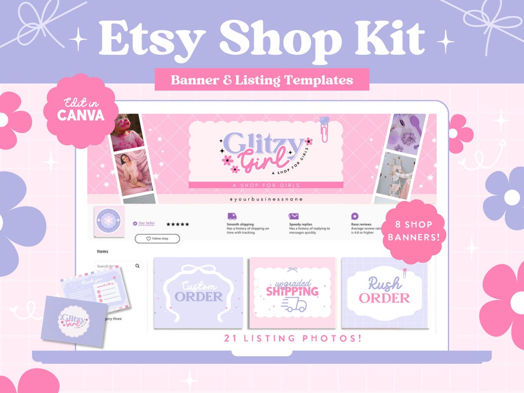 Glitzy Girl Etsy Shop Banner Branding Template Kit-editable -cute Girly ...