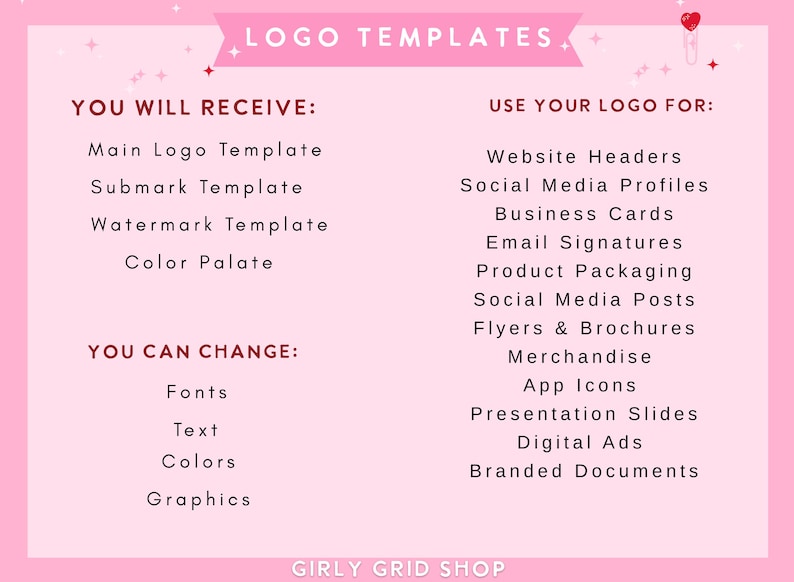 Glitzy Girl Logo Template - Editable in Canva - Cute Pink Small ...