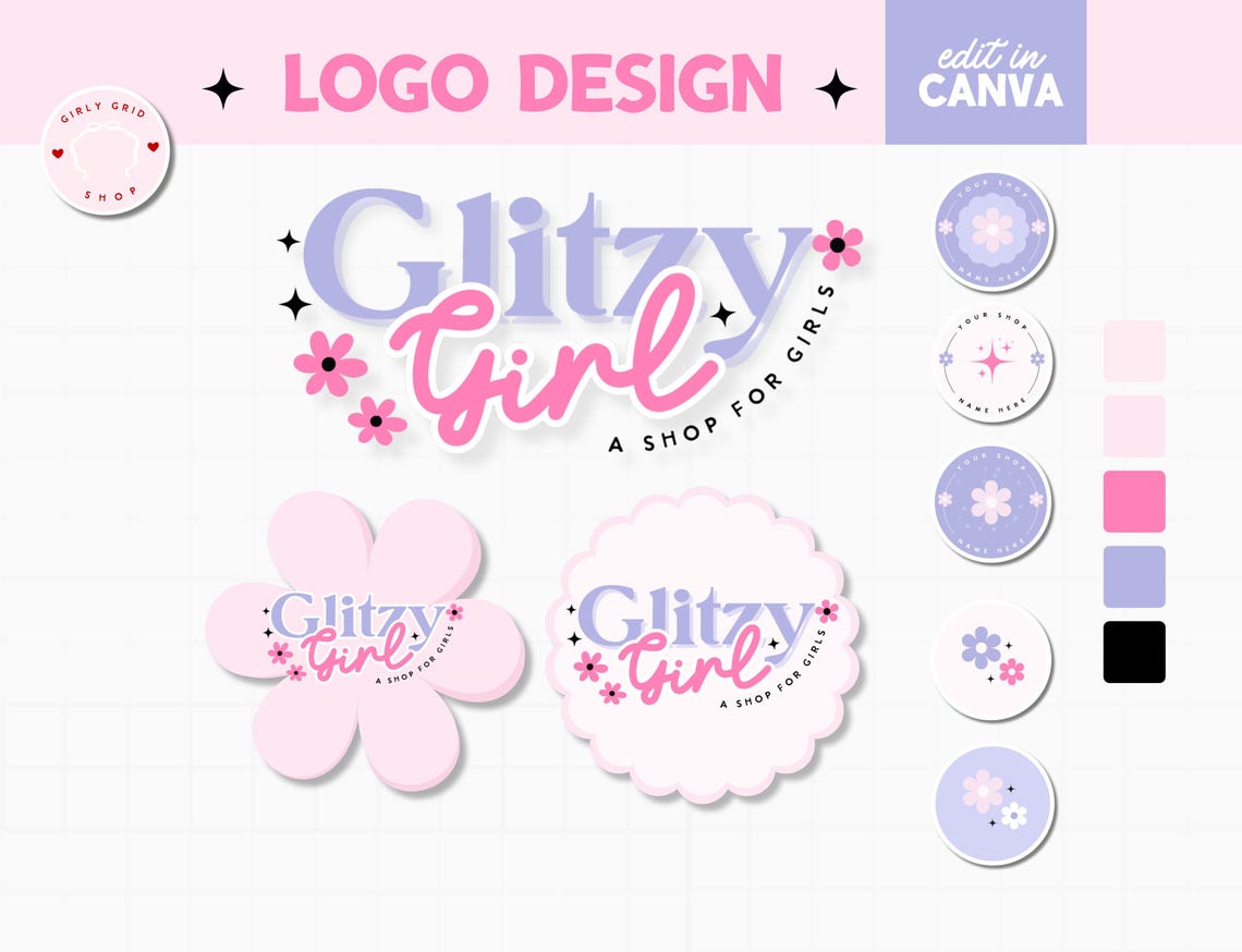 Glitzy Girl Logo Template - Editable in Canva - Cute Pink Small ...