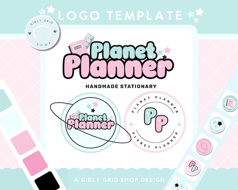 Planet Planner Logo Set for Small Business-custom DIY Cute Logo-edit in Canva Colorful Pastel ...