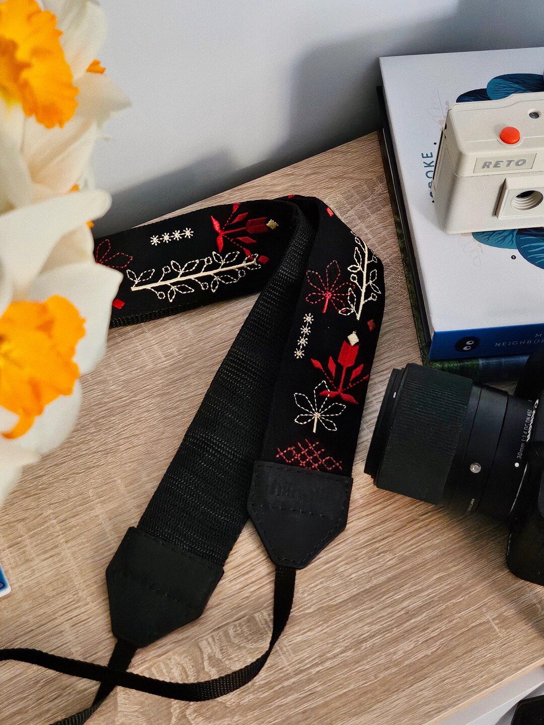 Embroidered Boho Camera Strap – Black With Red and Gold Floral ...
