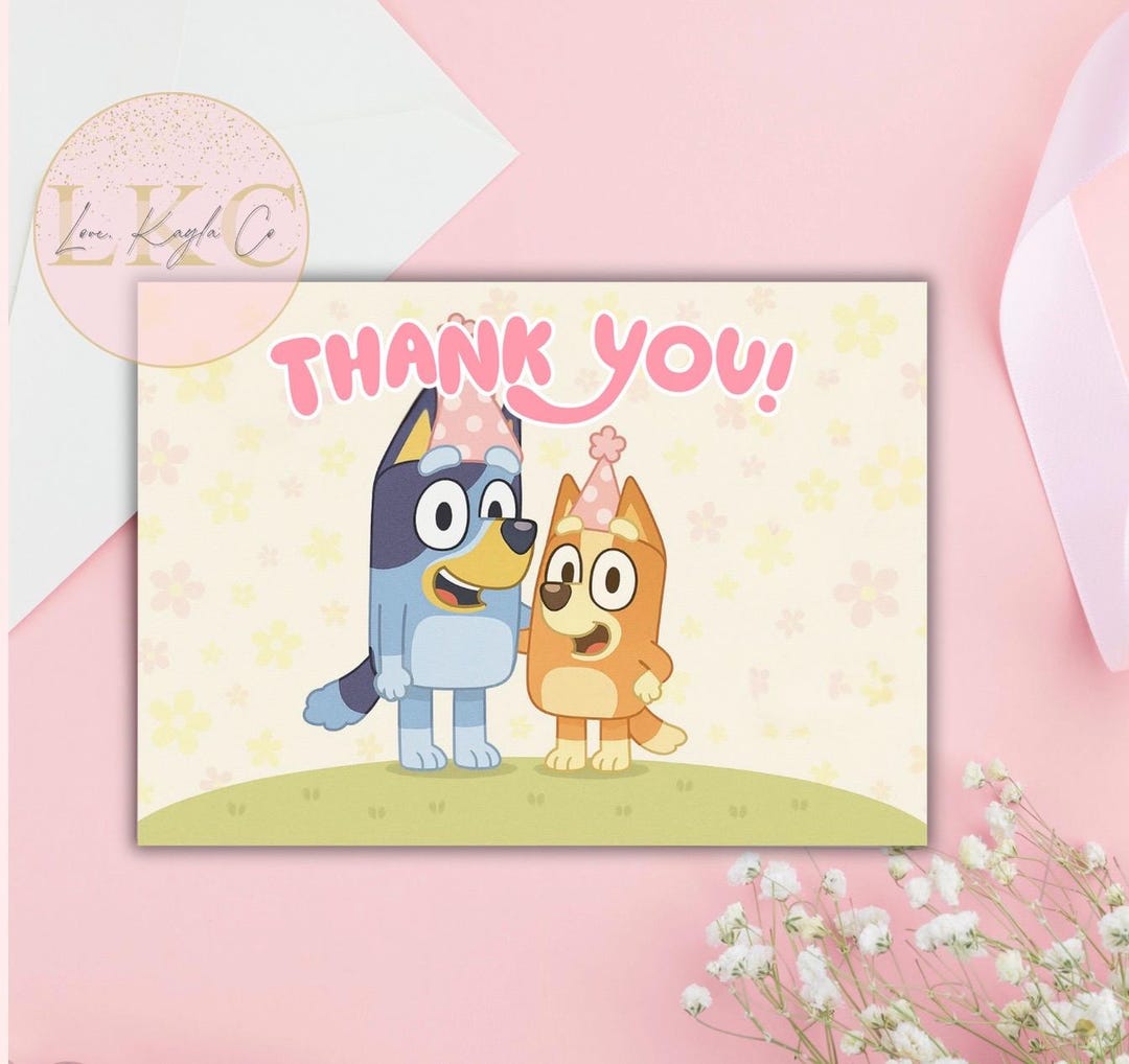 Bluey Birthday Thank You Card Girl | Printable Bluey Party Favor ...