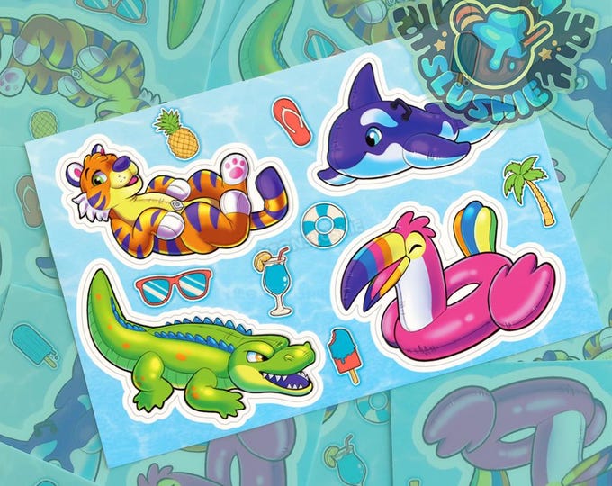 Pool Party Sticker Sheet | Furry Inflatable Toys Stickers | Tiger ...