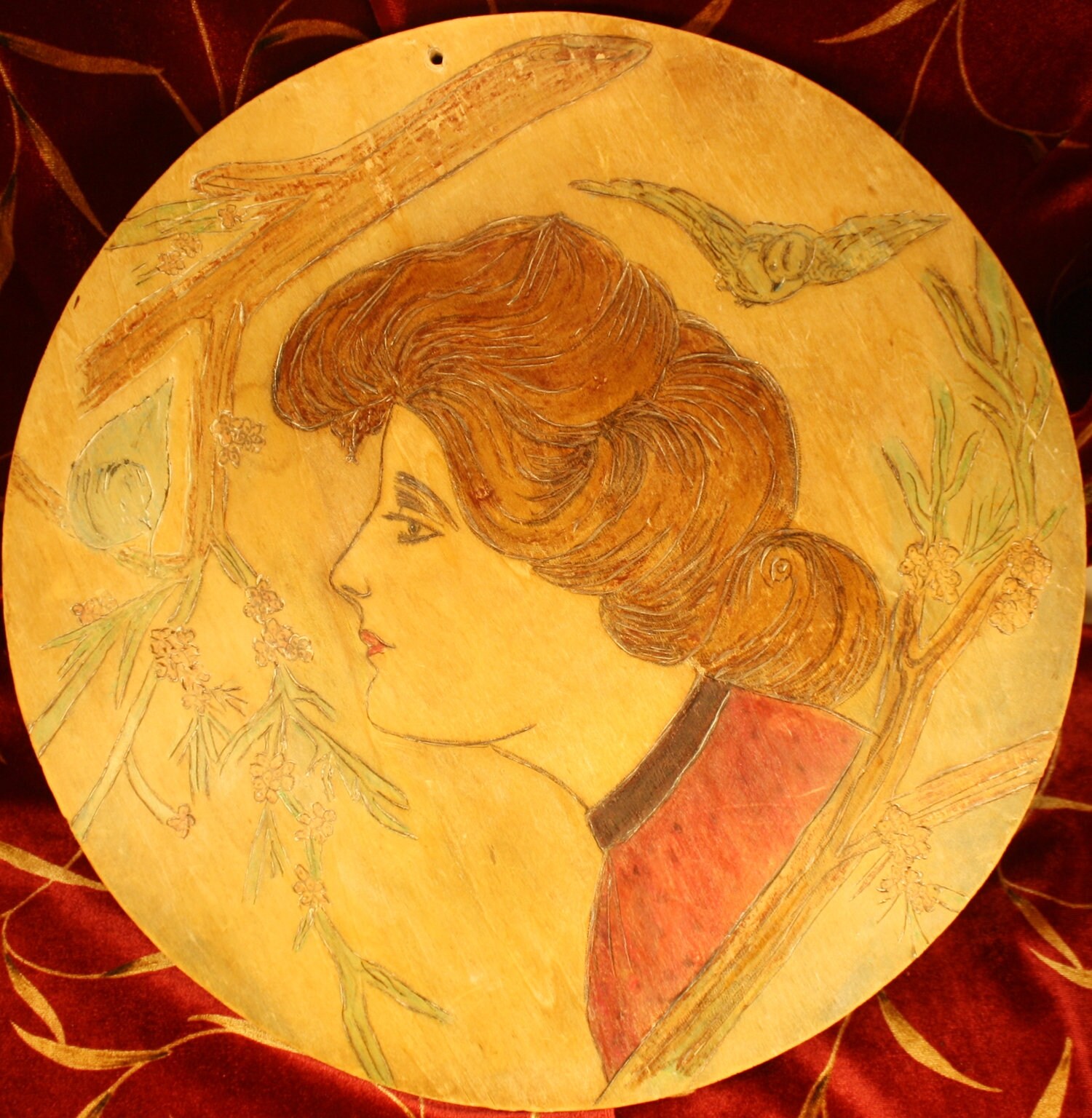 Pyrography, Portrait Plaque, Woman, Birds, Tree, Wood Burning, Art ...