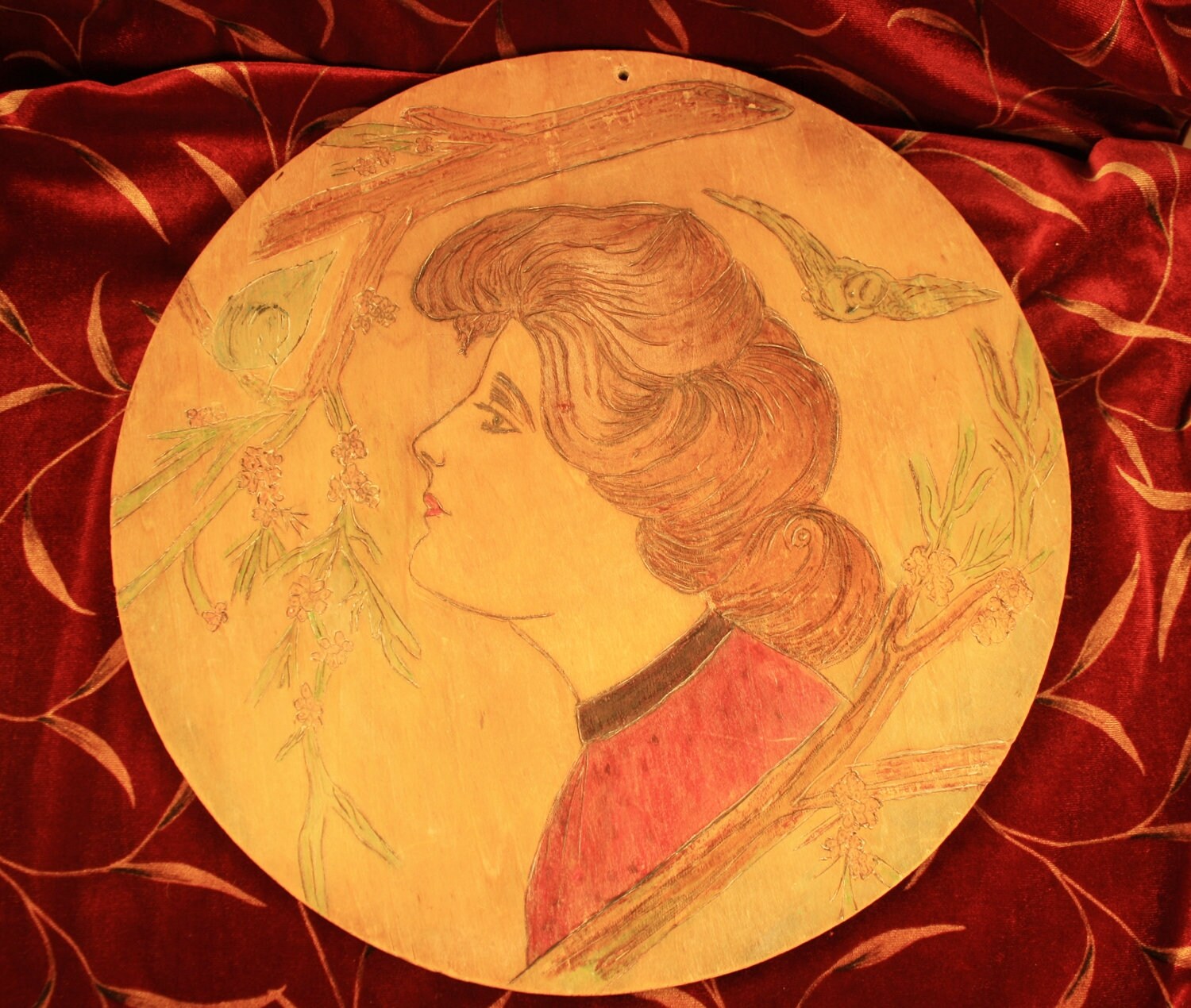 Pyrography, Portrait Plaque, Woman, Birds, Tree, Wood Burning, Art ...