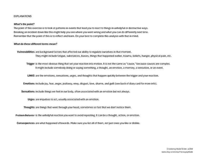Chain Analysis Dialectical Behavioral Therapy (DBT) Worksheet - Etsy