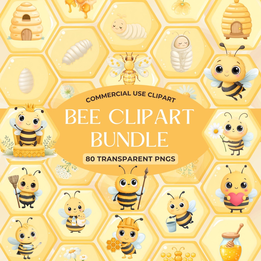 Bee Clipart Bundle | Cute Honey Bees PNG, Beehive & Honeycomb Art ...
