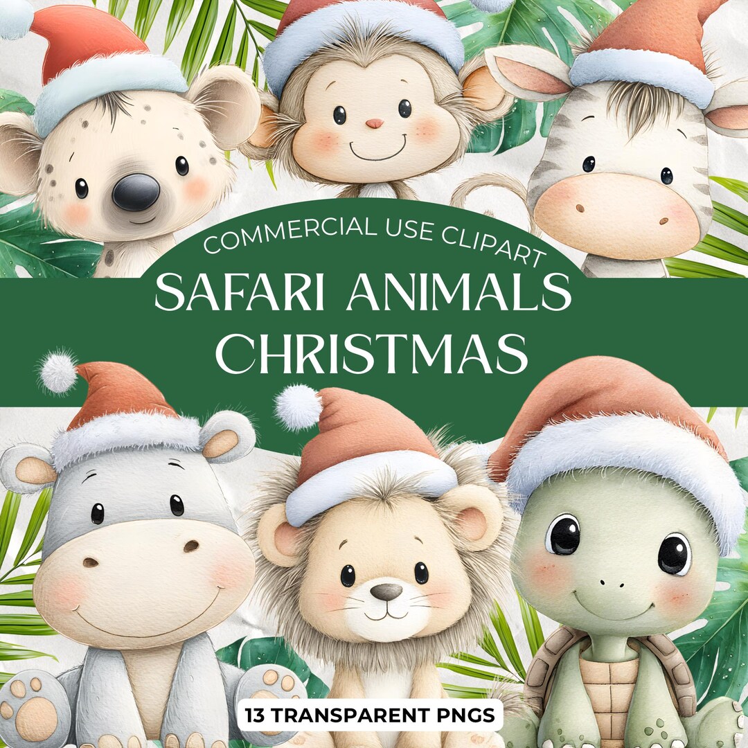 Whimsical Watercolor Jungle Christmas Clipart | Tropical Baby Animals ...