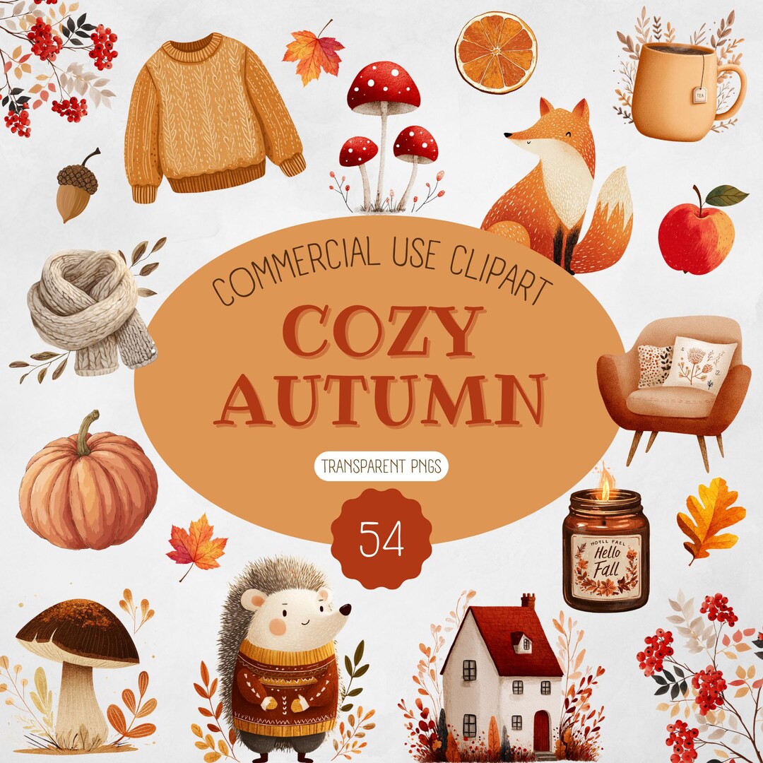 Autumn Clipart Set – Cozy Fall Elements – Pumpkin, Mug, Sweater, Leaves ...
