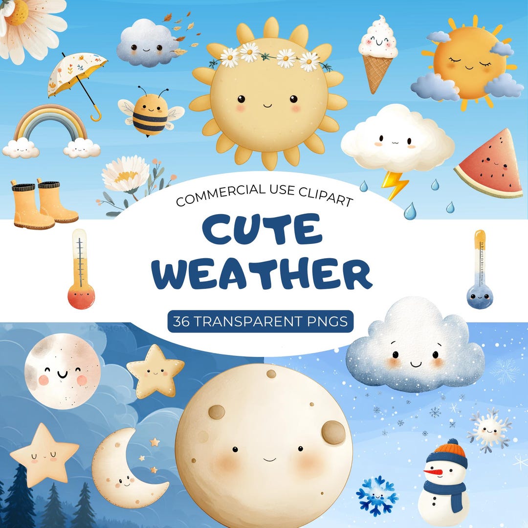 Weather Clipart, Cute Kawaii PNG Bundle, Adorable Sun, Cloud, Rainbow ...