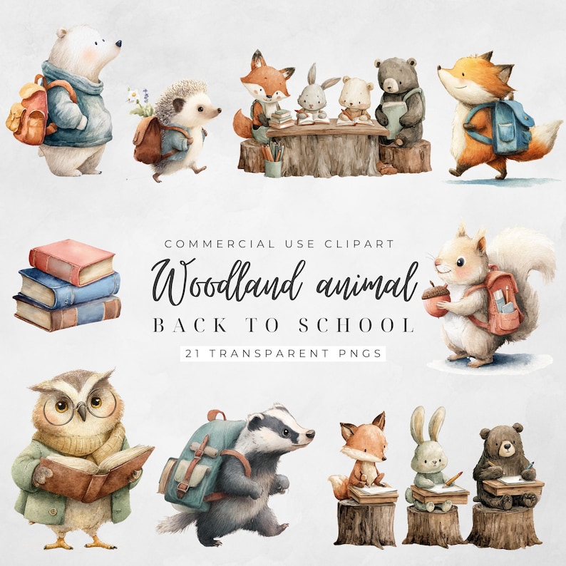 Woodland School Clipart, Cute Animals Digital Download, Back to School ...