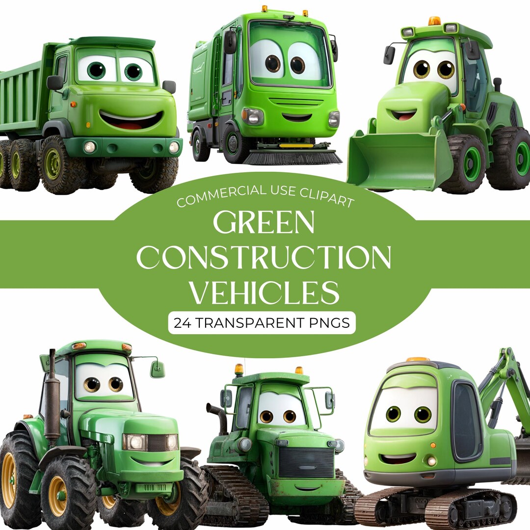 Green Construction Vehicles Clipart Set • Cute Green Trucks & Machines ...