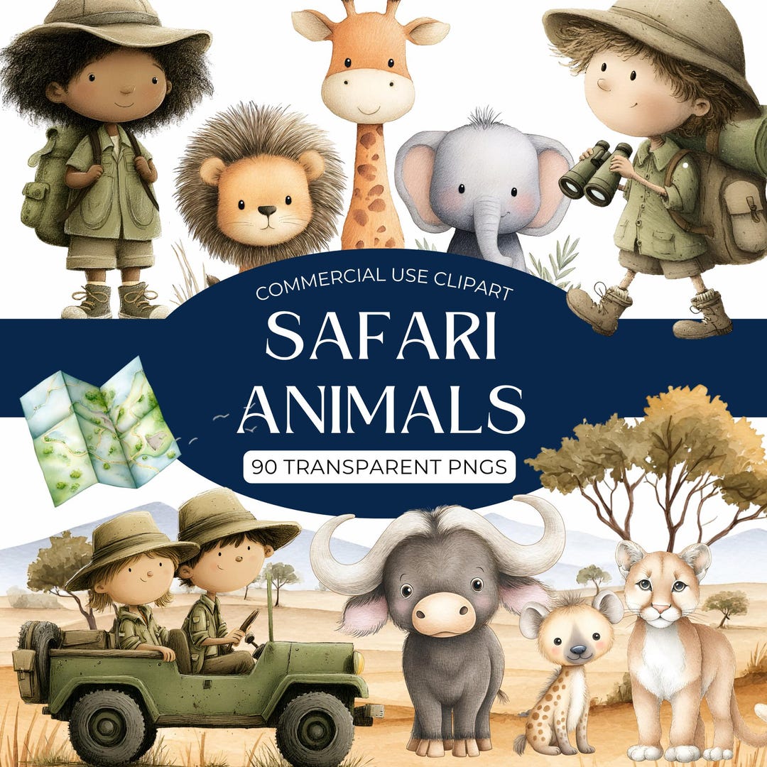 Safari Animals Clipart Set – Watercolor Jungle Animals PNG, Cute Baby ...