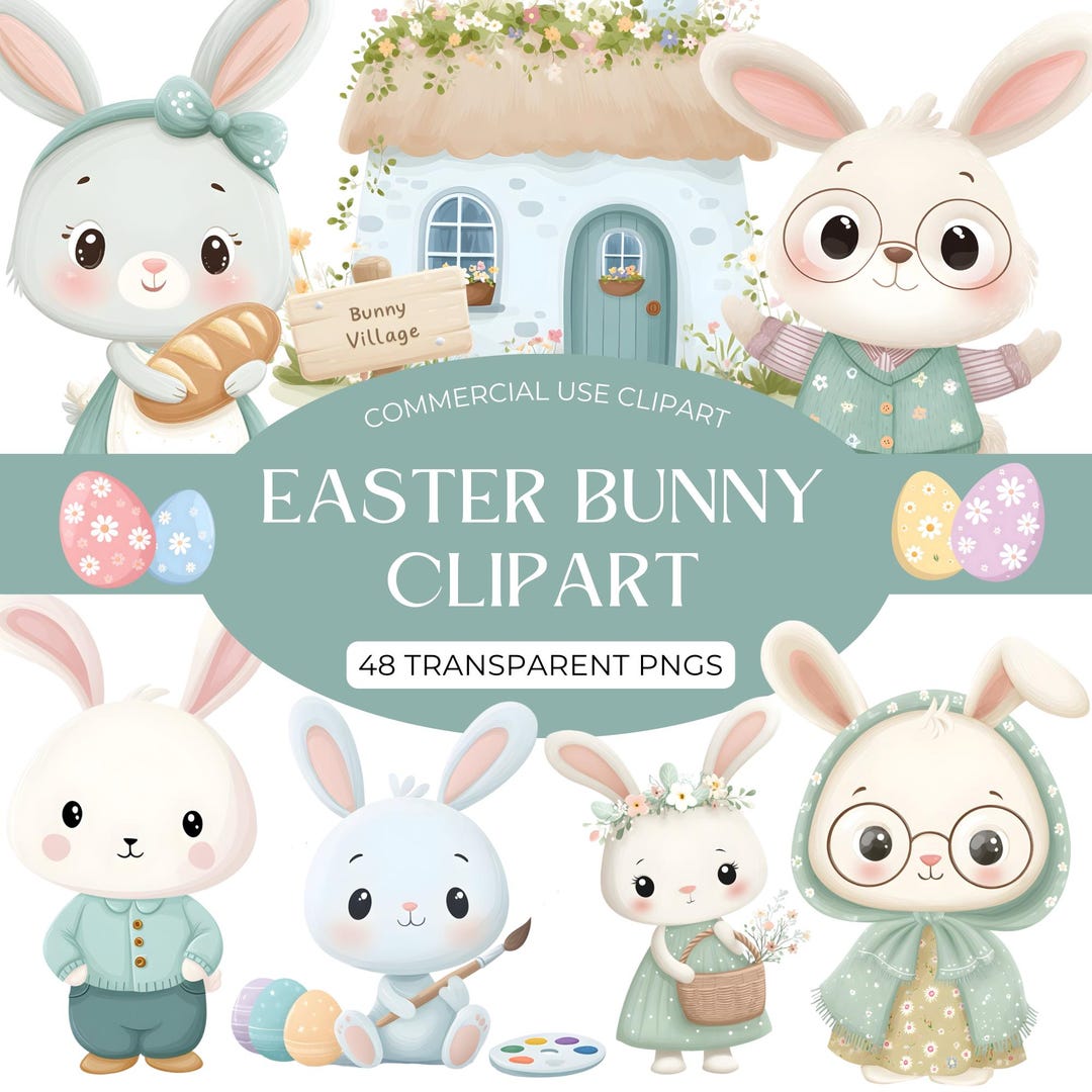 Easter Bunny Clipart Bundle – Cute Pastel Rabbits PNG, Spring Kids ...