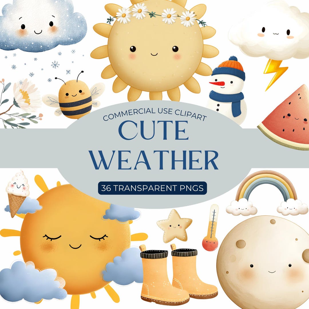 Weather Clipart, Cute Kawaii PNG Bundle, Adorable Sun, Cloud, Rainbow ...